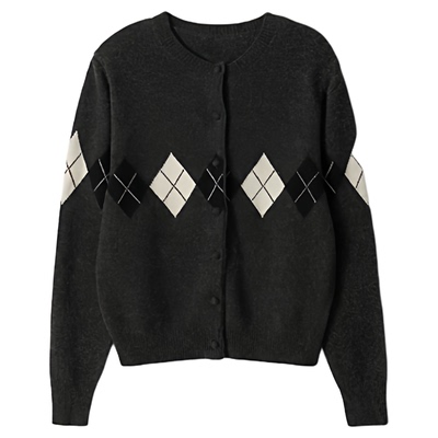 秒发！复古菱格羊毛针织开衫韩国not*ing written圆领单排扣毛衣