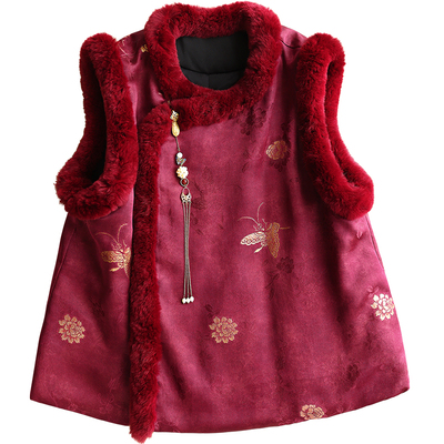 云澍剪花缎香云纱獭兔毛加棉马甲