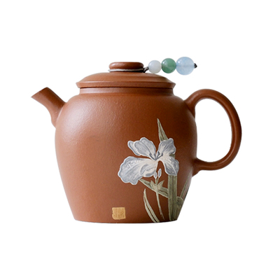 泥绘鸢尾花玉翁全手工紫砂壶