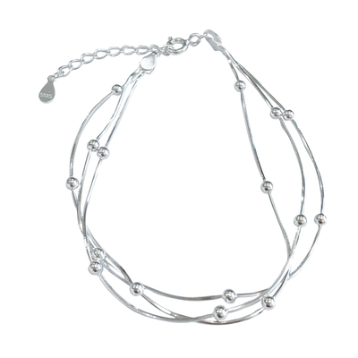 猫蛰S925纯银银珠三层蛇骨手链