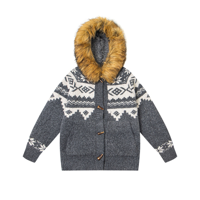 费尔岛毛领连帽牛角扣毛衣外套