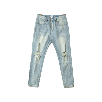 弹力修身水洗小脚膝盖破洞牛仔裤