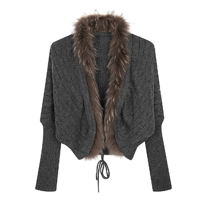 CLP灰色仿皮草毛领针织开衫