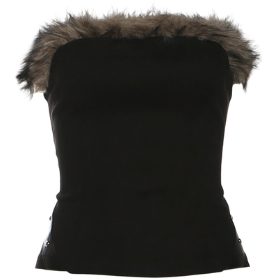 KLIOU 酷飒风毛毛拼接系带抹胸背心开叉显瘦高腰半身裙时尚两件套