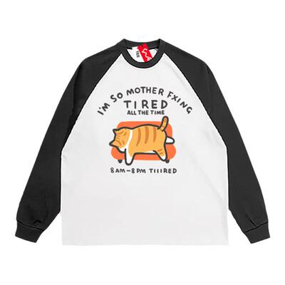 悦游长袖潮流青年tired猫T恤纯棉