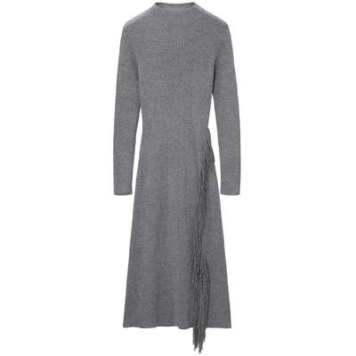 OVV秋冬新款女装双色纱线半高领流苏装饰针织长袖连衣裙