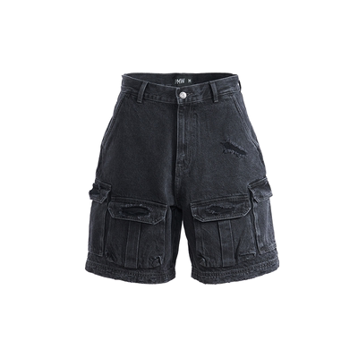 PMW 水洗做旧多口袋工装牛仔五分裤舒适复古休闲百搭宽松短裤