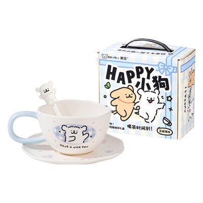 言仓线条小狗杯子礼盒咖啡杯碟勺