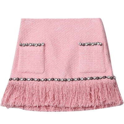 女装花呢半身裙优雅流苏下摆