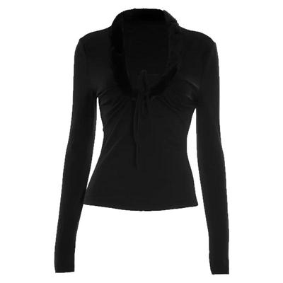 辣妹风绑带设计网纱透视长袖上衣