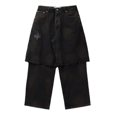 PIET层叠黑色水洗阔腿拼接牛仔裤