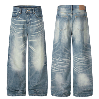 浅蓝立体猫须休闲复古男女牛仔裤