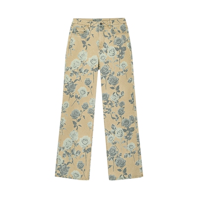 Desigual26春夏新品直筒牛仔玫瑰印花女式牛仔裤