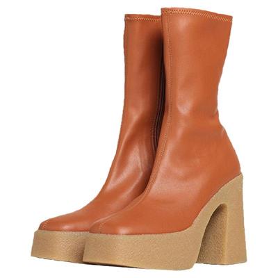 橘色方头增高弹力防水春秋单靴