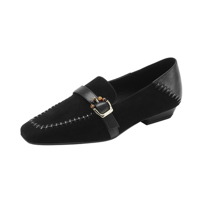 哈森复古绒面方头皮带扣低跟乐福鞋两穿女鞋2026新款HWS260122