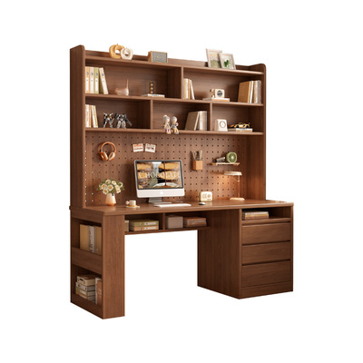 实木书桌书架一体桌带抽屉学生家用卧室简约学习写字桌轻奢办公桌