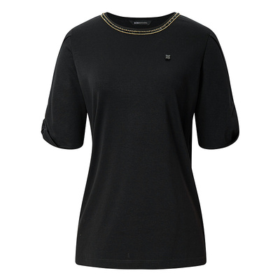 【100棉】BCBG春夏时髦精致范百搭气质珠饰领边花苞设计短袖上衣