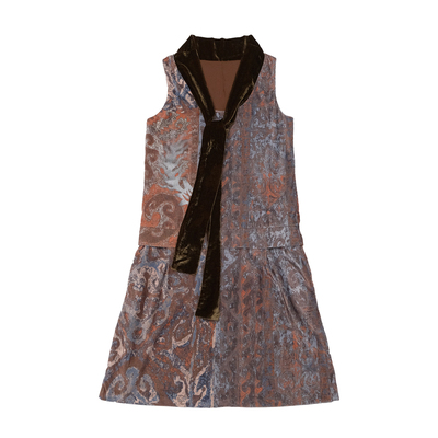 QSC牧徊系列仿真丝丝绒光泽无袖绑带连衣裙哈萨克族纹样城市游牧