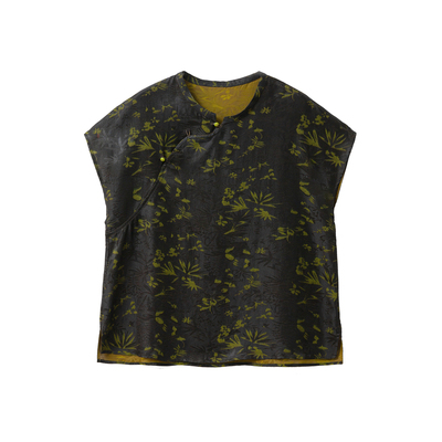 一丝牵 四经绞罗真丝香云纱花萝立领短袖上衣100%桑蚕丝提花上衣