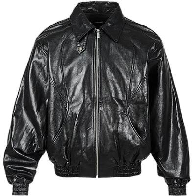 油蜡皮翻领小羊皮真皮短夹克外套