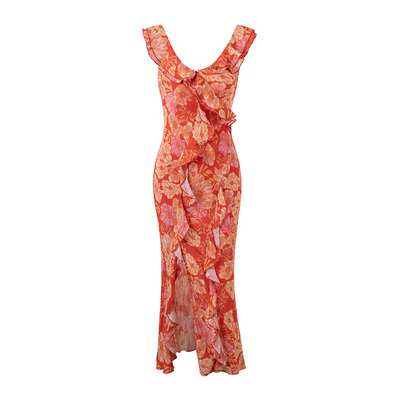 PynkiSwear藏青色印花/红色印花V领荷叶边修身开叉长款度假连衣裙