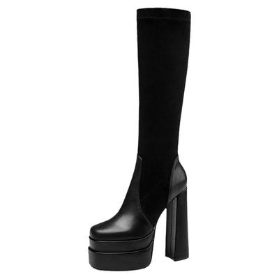 misili粗跟弹力长筒靴方头防水台