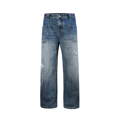 ESAT 廓形水洗假破洞贴袋直筒牛仔长裤