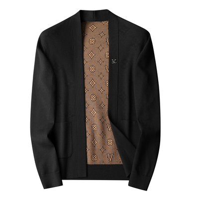 高级感暗花无领针织羊毛开衫男士