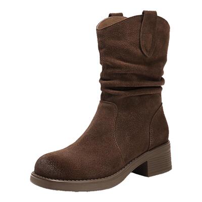 百丽女鞋复古小V口显瘦堆堆西部靴女冬季新款厚底短靴子B2913DZ5