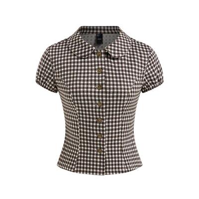 CIDERmiu系彼得潘翻领时尚格纹纽扣泡泡袖格子衬衫114492676