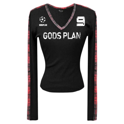 上帝计划V领格子拼接长袖打底衫