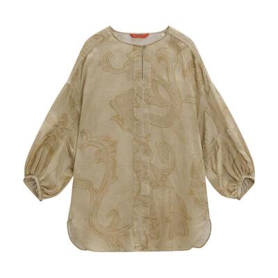 EXCEPTION例外女装苎麻混纺复古新中式印花通勤时圆领七分袖衬衫