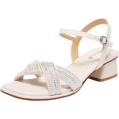 百丽方头水钻一字带凉鞋