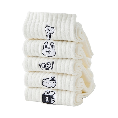 潮牌刺绣纯棉短袜（白色五双装）