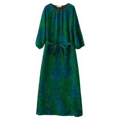 SILVIYE/溯也真丝香云纱提花花萝圆领连衣裙100%桑蚕丝收腰长裙