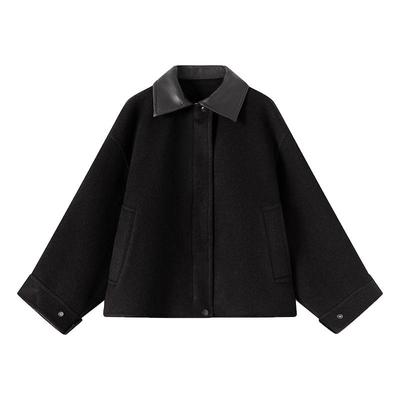 山羊绒短外套女秋冬季皮质拼接