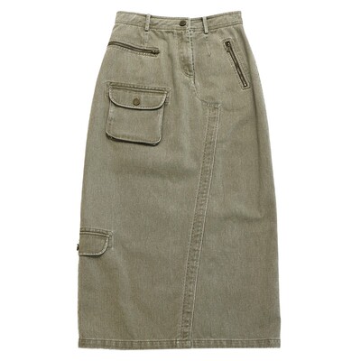 斜纹全棉做旧开叉休闲工装半身裙