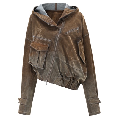 OUDE WAAG 25春夏 做旧复古松弛感不对称洗水丝绒廓形女装夹克