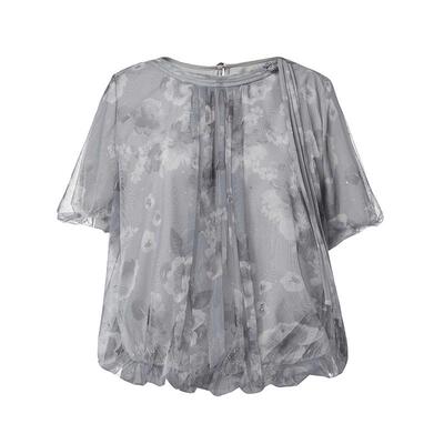 sdeer圣迪奥女装圆领印花网纱盘扣新中式衬衫S242Z0446