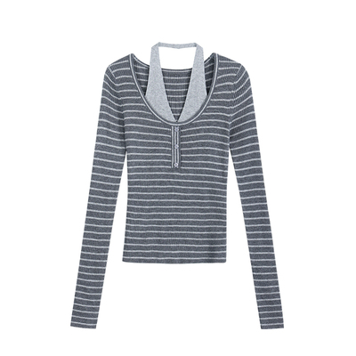 NEVA HU daily随意感~条纹拼接假两件长袖t恤女修身挂脖针织上衣