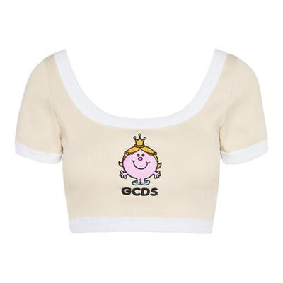 GCDS 2R春夏新款卡通图案针织短款米色T恤短袖辣妹上衣修身木兰