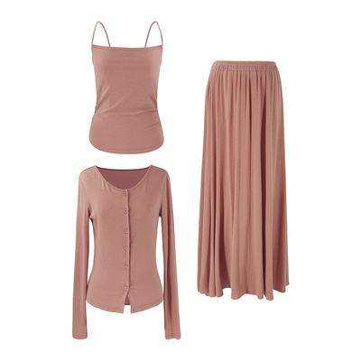 SYT自制 高端气质纯色天丝亚麻长袖开衫吊带修身显瘦三件套装裙女