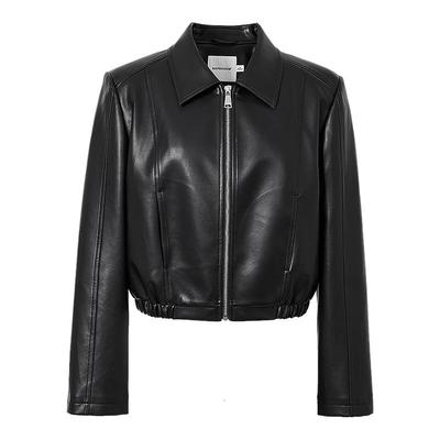 红袖秋季2024新款女装 肌理感截短式正肩拉链翻领皮衣90124320404