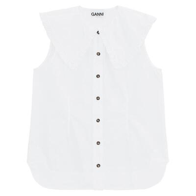 ganni荷叶边白色棉府绸无袖衬衫
