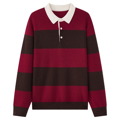 USHI悠时 简约复古休闲质感保暖翻领撞色微阔男装春季长袖毛衫