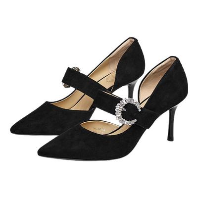 蹀愫2025年羊绒细跟尖头高跟鞋一字带扣单鞋TA65101-82