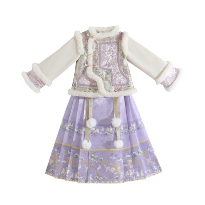 汉服女童拜年服套装国风公主裙子冬季2026新款儿童格格服加绒紫色