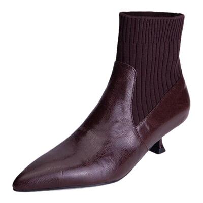 真皮4cm细跟尖头毛线口鞋子女猫跟小短靴秋冬新款法式气质及踝靴
