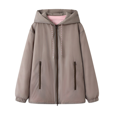 现货江南2025秋冬女装宽松休闲拼色连帽抽绳羽绒服外套 5P9C10370