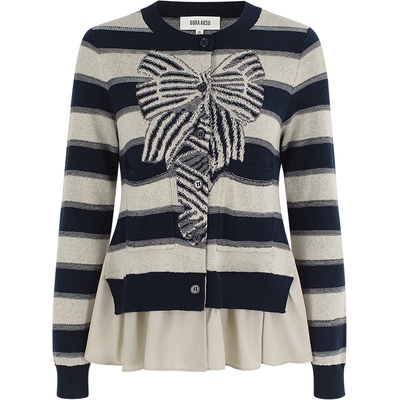 蝴蝶结蓝杏拼色假两件条纹圆领